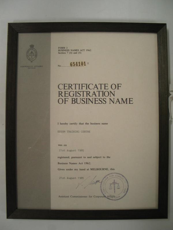 Certificate: Certificate of Registration of Business Name, Epsom ...