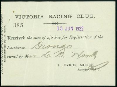 Receipt; Registration of Drongo - Australian Racing Museum