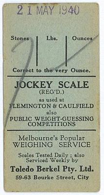 Ticket; Jockey Scales - Australian Racing Museum