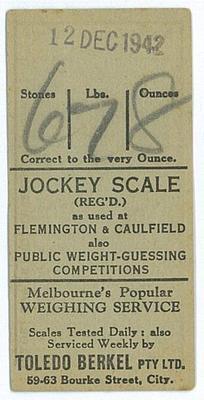 Ticket; Jockey Scales - Australian Racing Museum