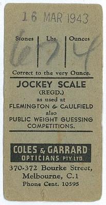 Ticket; Jockey Scales - Australian Racing Museum