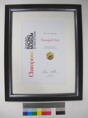 Certificate: Inductee, Australian Racing Hall of Fame, Tranquil Star ...