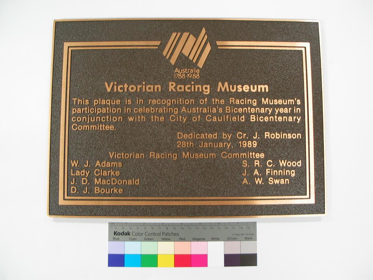 Plaque; Victorian Racing Museum, Australian Bicentenary Celebrations ...