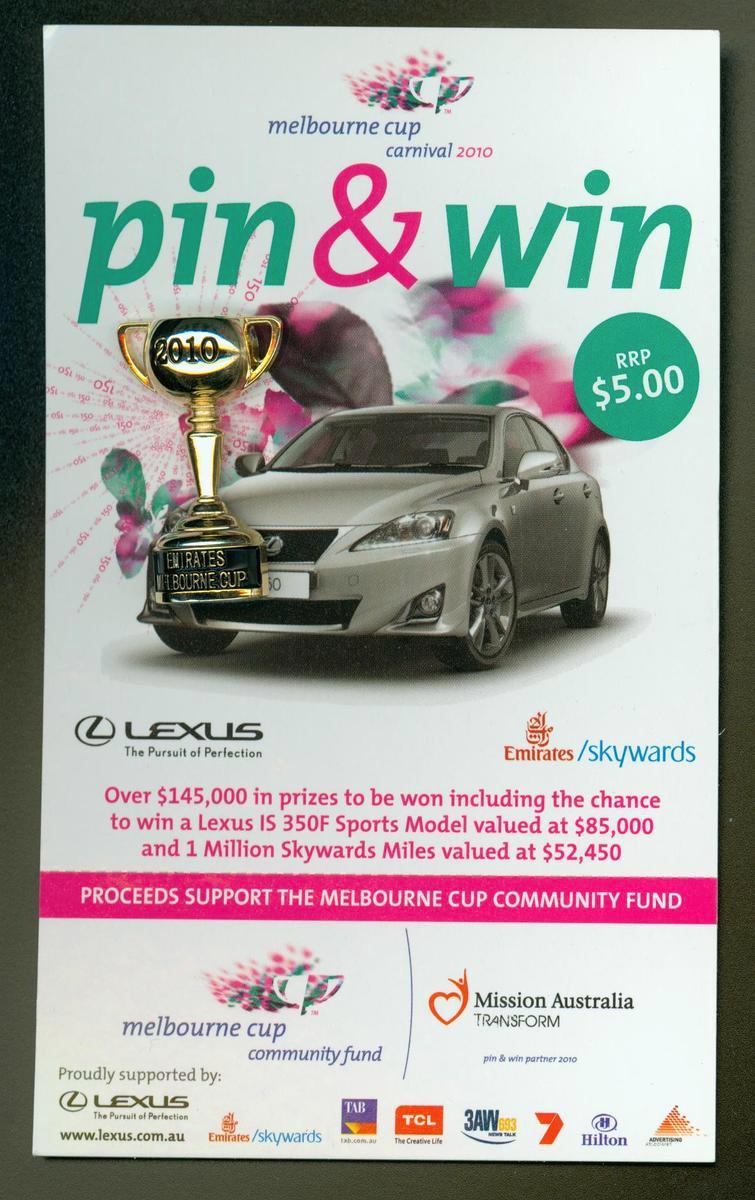 Promotional Pin; Pin and Win, Melbourne Cup Carnival, 2010 - Australian ...