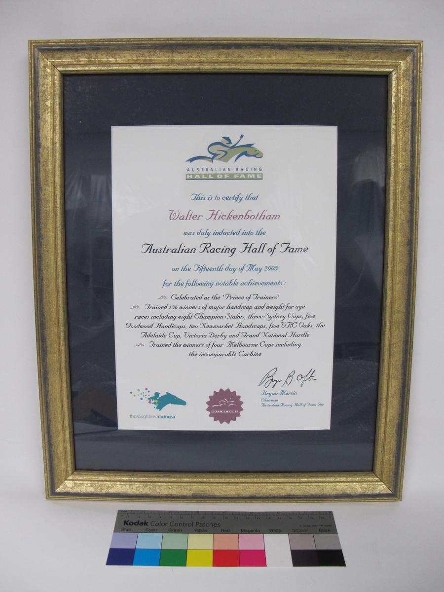 Certificate; Australian Racing Hall of Fame, Walter Hickenbotham ...